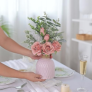 Artificial Flowers with Ceramic Vase,Faux Silk Roses and Fake Plant Eucalyptus in Vase for centerpiece table decorations, living room,dining table,fireplace,office,farmhouse,home decor(Dusty Pink)