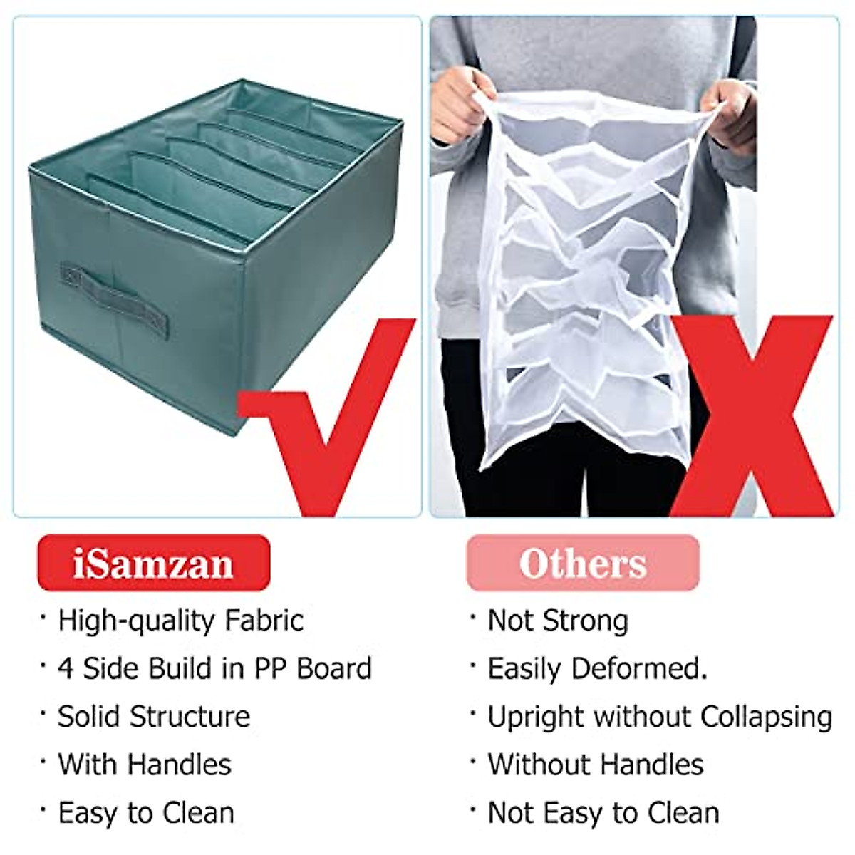 iSamzan Closet Organizers and Storage, Fabric Wardrobe Clothes Organizer, Folding Storage Box with Handle Built in PP Board, Drawer Dividers Organizer, Jeans, T Shirt, Baby Clothing, Towel, Pants Organizer (1Pcs 6 Grids 17.3*11*8.7in)