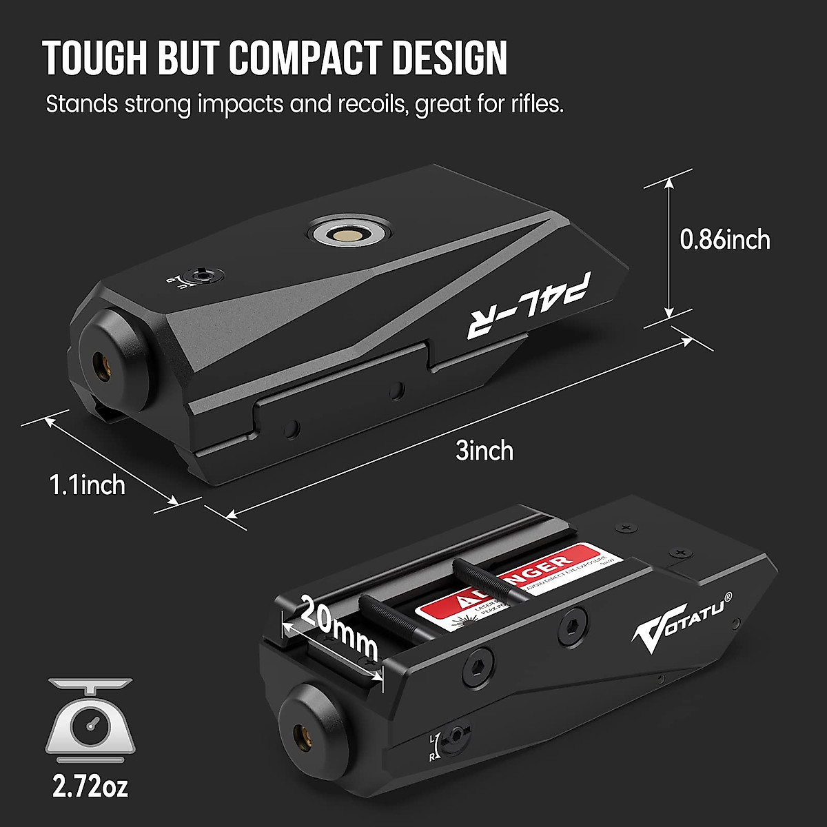 Votatu P4L-R Rifle Laser Sight for Picatinny, Tactical Rail Red Laser Beam with Strobe Function, USB Magnetic Rechargeable