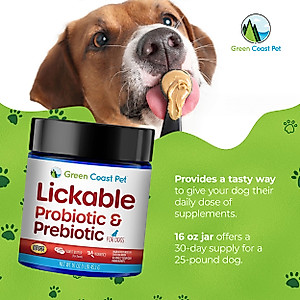 Green Coast Pet Lickable Actives Probiotic & Prebiotic Supplement for Dogs, 16 oz | Made in USA | 30 Day Supply