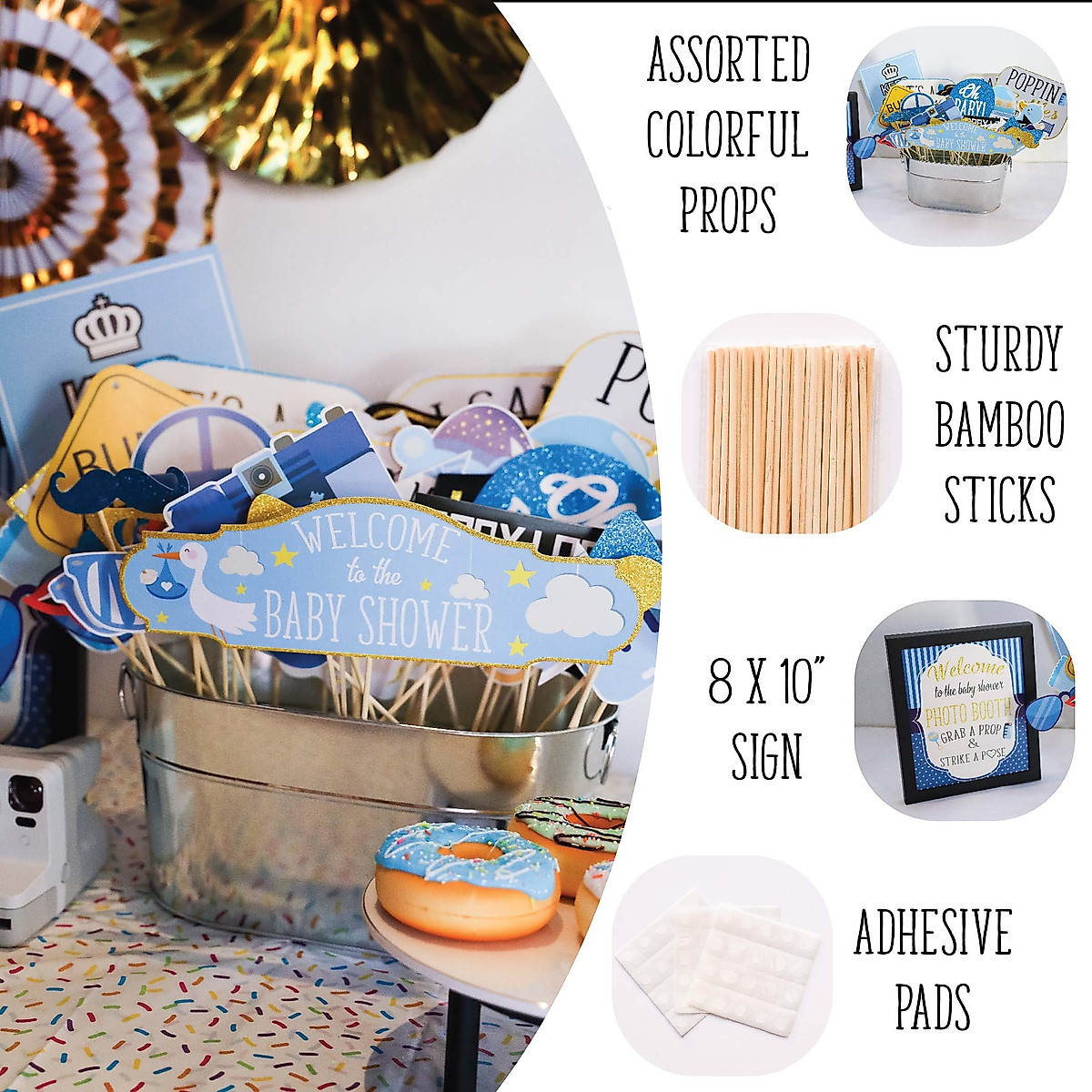 Boy Baby Shower Photo Booth Props - 41-pc Photo Booth Kit with 8 x 10-Inch Sign, 60 Adhesive Pads, 45 Sticks - Picture Props for Baby Shower - Baby Shower Boy Photo Booth Props