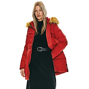 Orolay Women's Down Jacket with Faux Fur Trim Hood Red XL