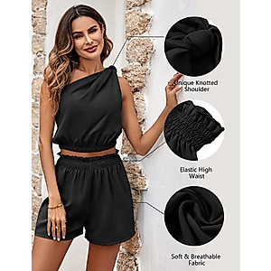 Yimoon Women's Summer 2 Piece Outfits Shorts Sets One Shoulder Sleeveless Crop Top Tank and High Waist Shorts Lounge Set(Black-XL)