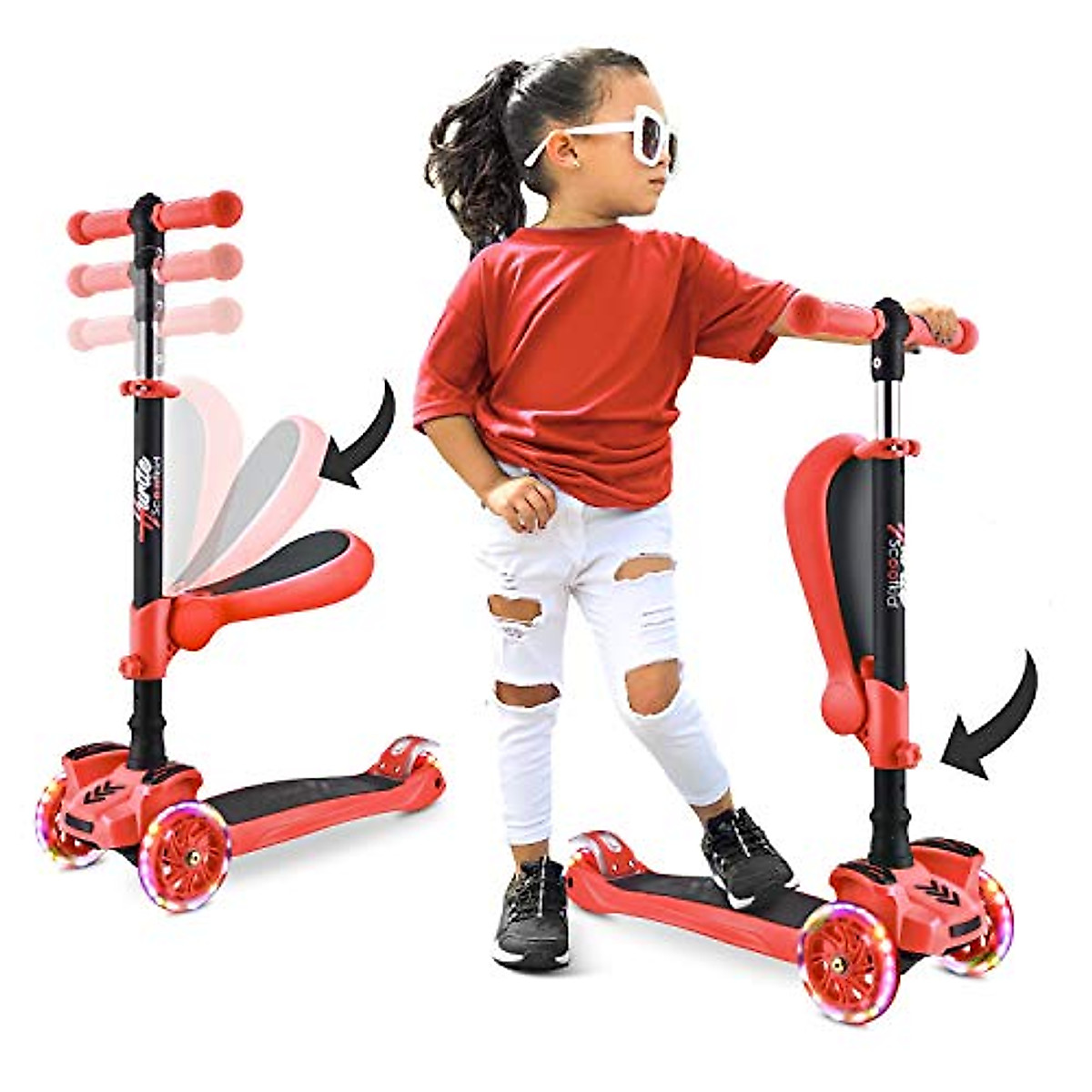 Hurtle Kids Scooter - Child Toddler Kick Scooter Toy with Foldable Seat - 3 Wheel Scooter with Adjustable Height, Anti-Slip Deck, Flashing Wheel Lights, for Boys/Girls 1-12 Year Old, Red
