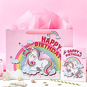WRAPAHOLIC 16" Extra Large Birthday Gift Bag with Card and Tissue Paper - Fantacy Unicorn Happy Birthday