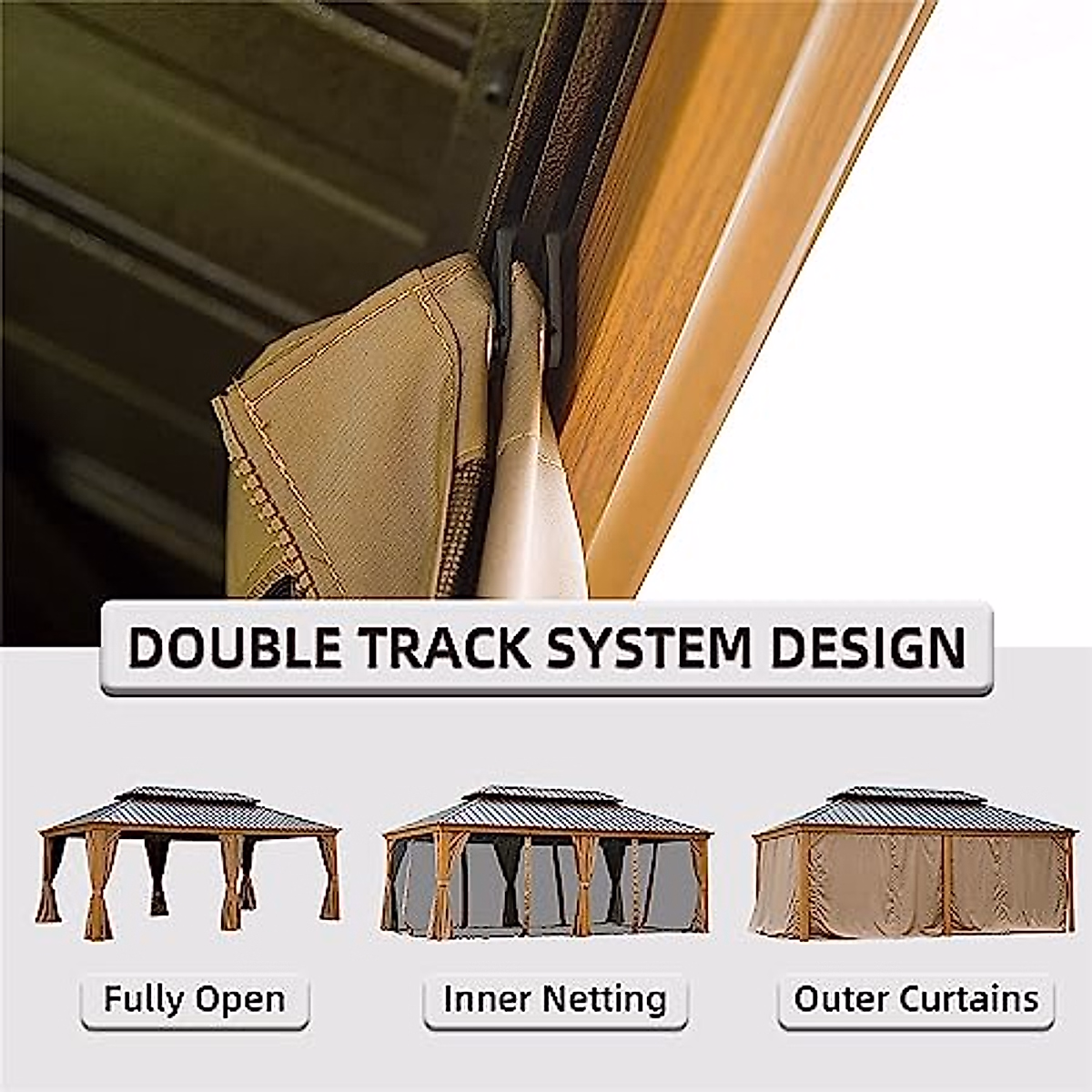 Evedy Hardtop Gazebo12X18FT,Wooden Coated Aluminum Frame Canopy with Curtains and Netting,Outdoor Permanent Metal Pavilion with Galvanized Steel Double Roof (Wood-Looking),for Patio, Deck and Lawn