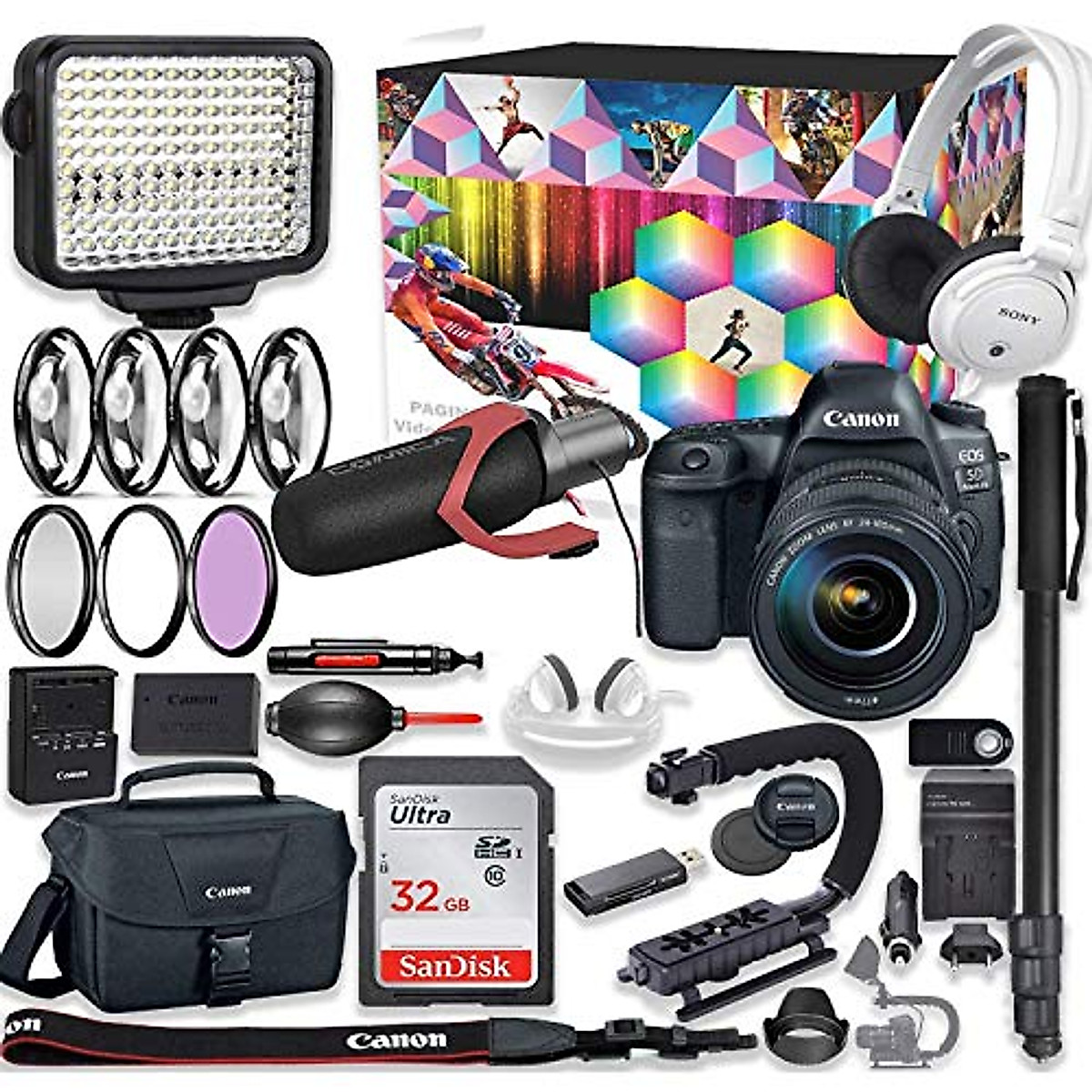 Canon EOS 5d Mark IV DSLR Camera Premium Video Creator Kit with Canon 24-105mm STM Lens + Sony Monitor Series Headphones + Video LED Light + 32gb Memory + Monopod + High End Accessory Bundle (Renewed)