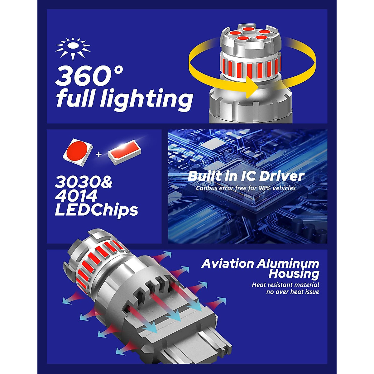 AUTOONE 3156 3157 LED Strobe Brake Light Bulbs, Super Bright Tail light 3056 3057 4157 3047 4057 3457 Halogen Replacement Bulb Brilliant Red, Pack of 2