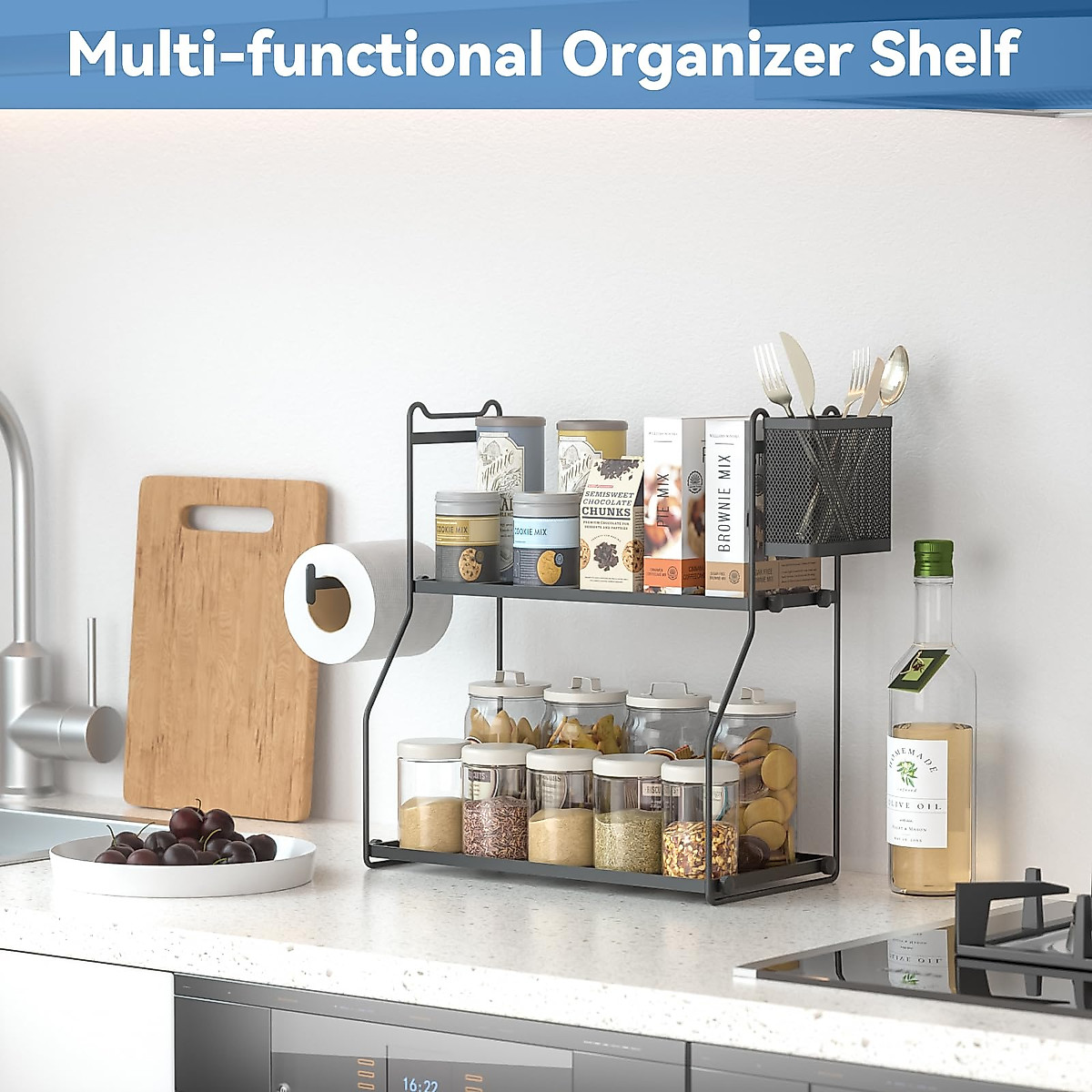 CLESOO 2-in-1 Bathroom Countertop Organizer - Multifunctional Countertop Shelf with Basket and Toilet Paper Holder - Bathroom and Kitchen Organizer for Hair Dryer, Cosmetics and Toiletries