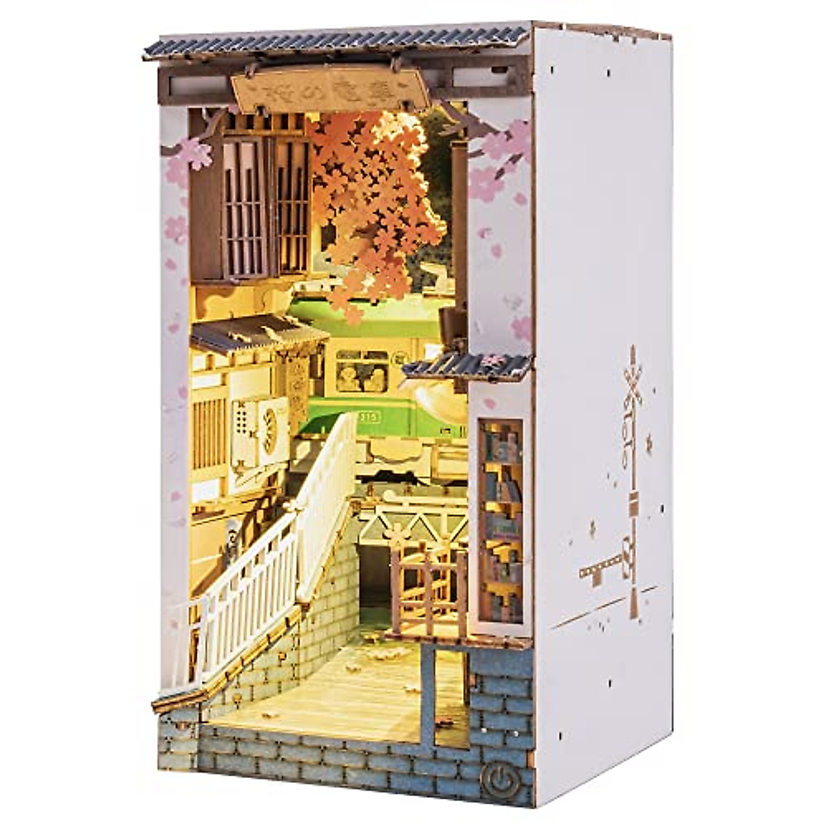 ROBOTIME DIY Book Nook Kit Decorative Bookend Insert Bookcase Book Stand Miniature House Kit with LED Light Creative Gift for Birthdays (Sakura Tram)