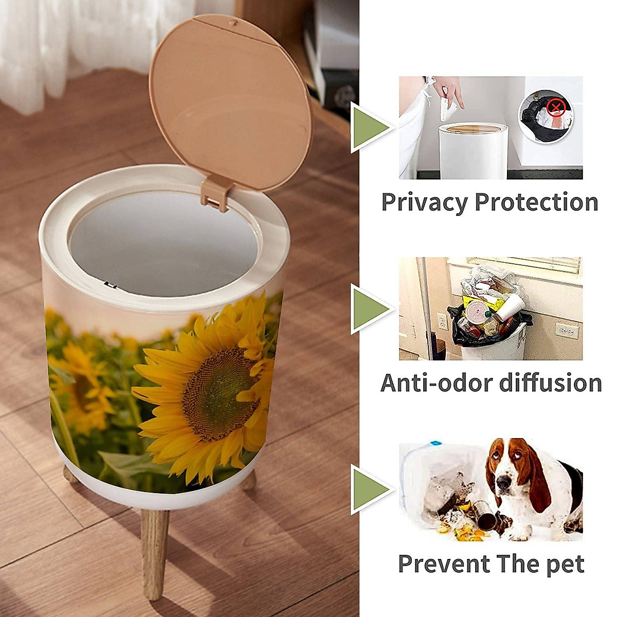 LGCZNWDFHTZ Small Trash Can with Lid for Bathroom Kitchen Office Diaper Sunflower Field Bedroom Garbage Trash Bin Dog Proof Waste Basket Cute Decorative