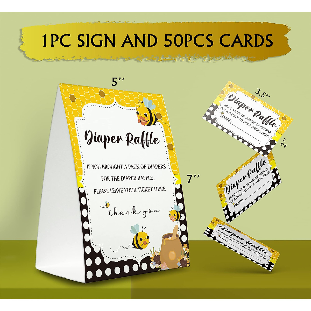 Diaper Raffle Sign,Diaper Raffle Baby Shower Game Kit (1 Standing Sign + 50 Guessing Cards),Bee Raffle Insert Ticket,Baby Showers Decorations,Card for Baby Shower Game to Bring a Pack of Diapers-N11