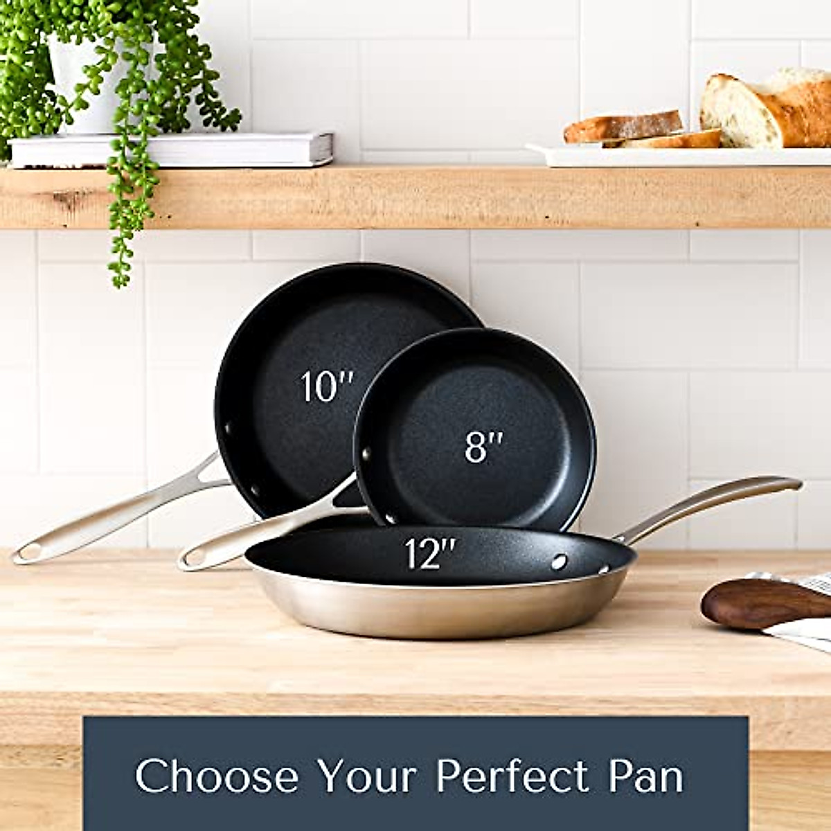 American Kitchen - 10 inch Premium Nonstick Skillet & Frying Pan, Stainless Steel, Durable Coating, PFOA-Free, with Cover, Made In America