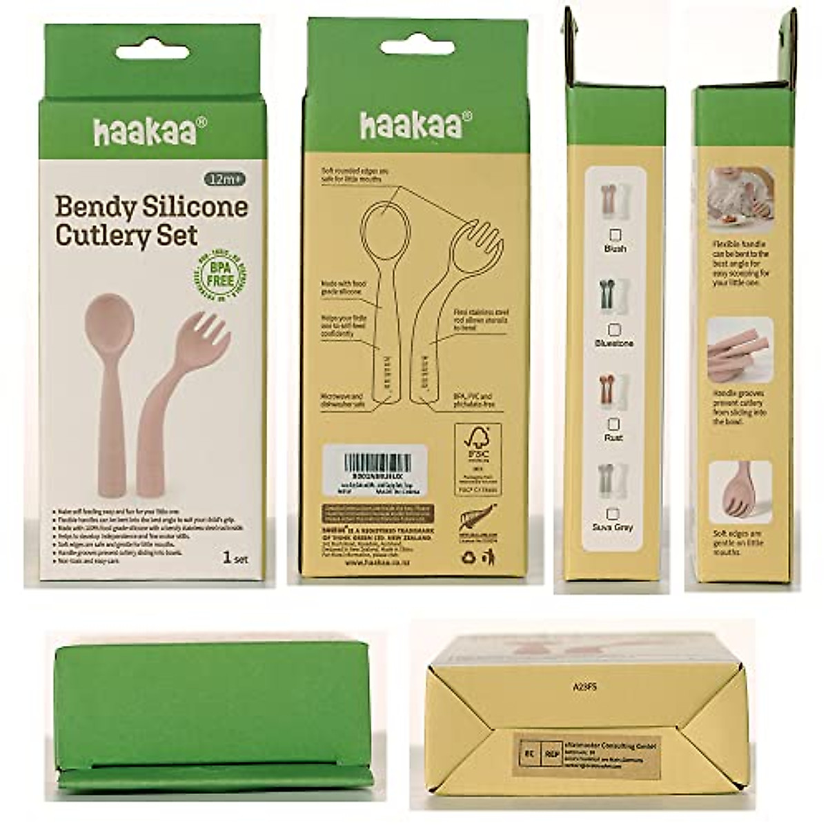 haakaa Toddler Forks and Spoons Set - Bendy Silicone Self Feeding Baby Utensils, Toddler Spoons Baby Training Spoon with Storage Case, Rust Color, 12+