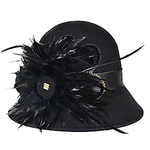 VECRY Women's Wool Church Dress Cloche Hat Plumy Felt Bucket Winter Hat (Black)