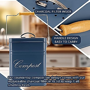 Countertop Compost Bin for Kitchen - Rustic Farmhouse Countertop Composting Container - 1.7 Gallon Carbon Steel Pail for Food Scraps - Metal Bucket with Lid, Wooden Handle & Charcoal Filter