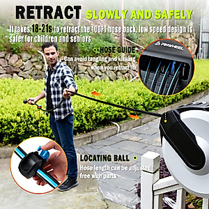 PinWheel Garden Hose Reel Wall Mount, Slow Return 5/8 Inch × 100 + 6 FT Retractable Water Hose Reel Automatic Rewind with Any Length Lock, 9 Pattern Hose Nozzle, 180° Swivel Bracket