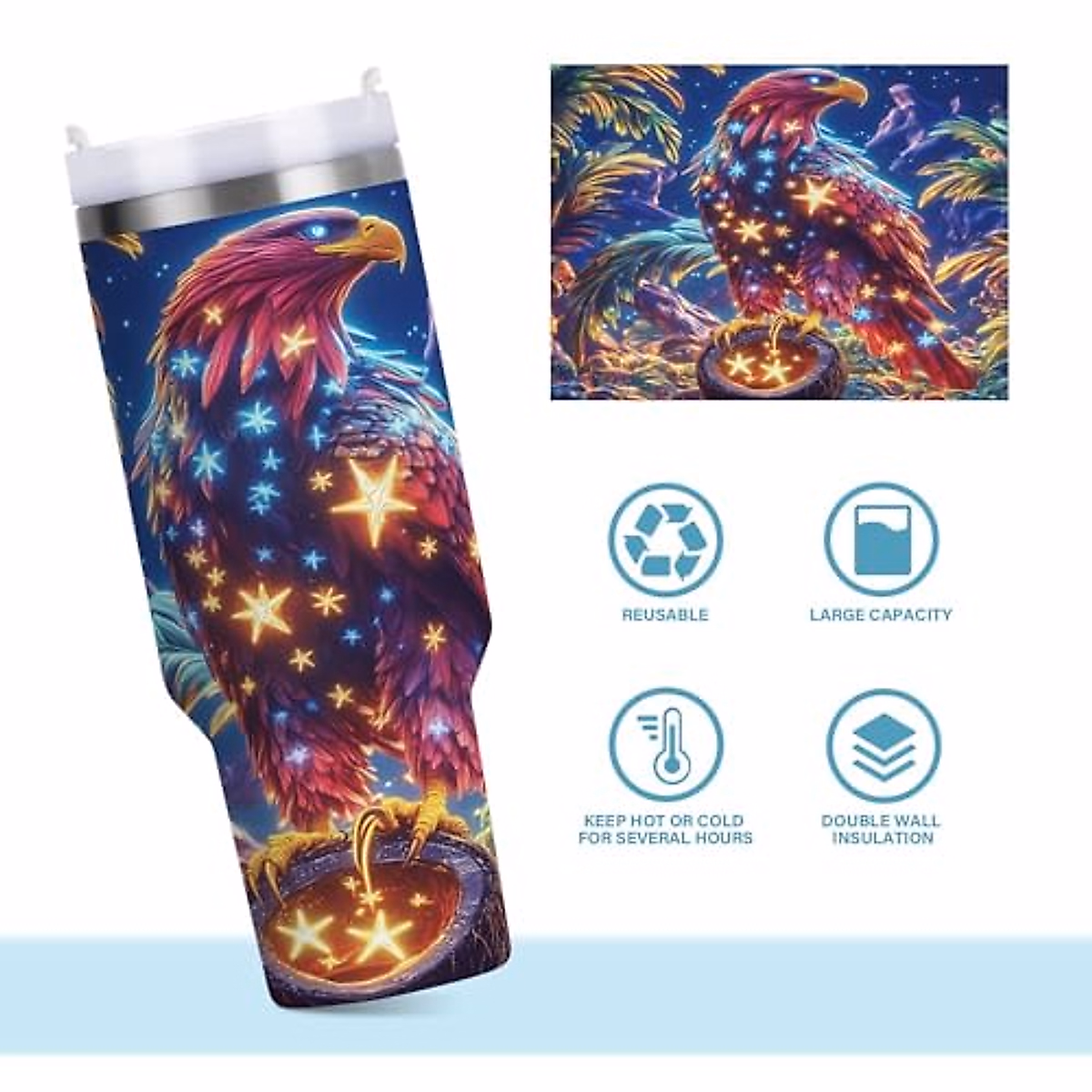 Slewiaeky Tumbler with Handle 40 oz Adorable Hawk Animal America Travel Mug with Lid and Straw Stainless Steel Vacuum Insulated Water Bottle Cup for Iced Tea Coffee Cold Beverages Cup Holder Friendly