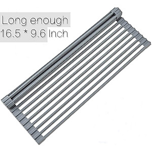 Over-The-Sink --20.5 inches Roll-Up Dish Drying Rack, Made of Silicone Wrapped Steel, Multipurpose -No Occupying Space Heat Resistant Roll Up Dish Drying Rack - Fit for Stainless Steel Sink ( Large)