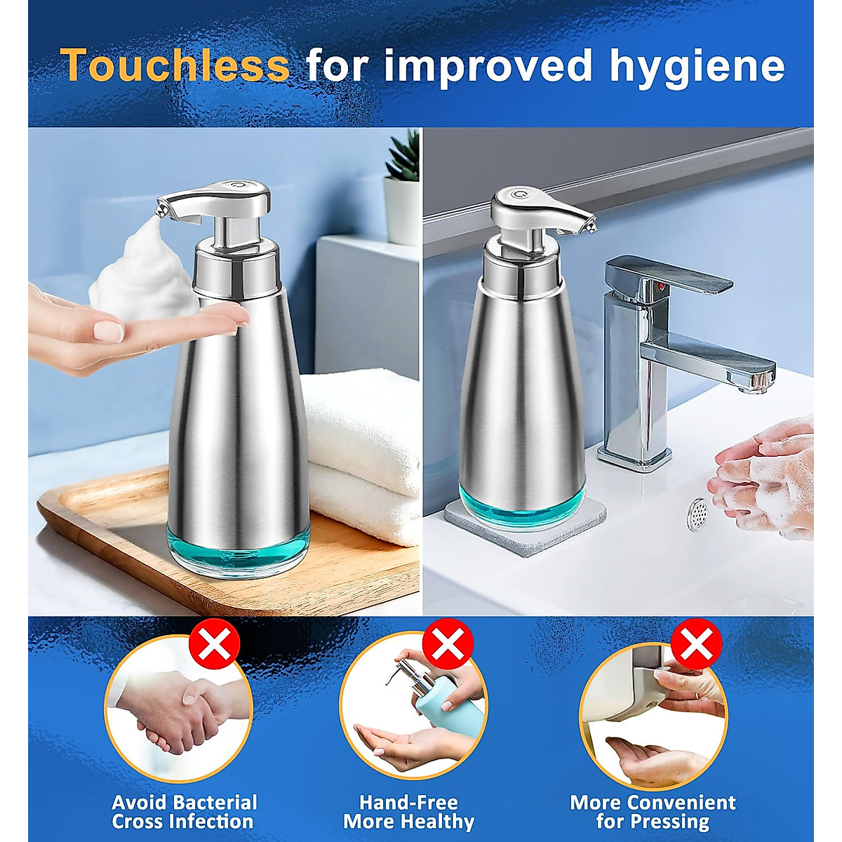 Kekele Baby Automatic foaming Soap Dispenser-Stainless Steel Sensor-14 Oz/400ml Sensor Auto Soap Dispenser Kitchen Sink,Bathroom,Kitchen-Rechargeable Electric Foam Touchless Stainless-silver