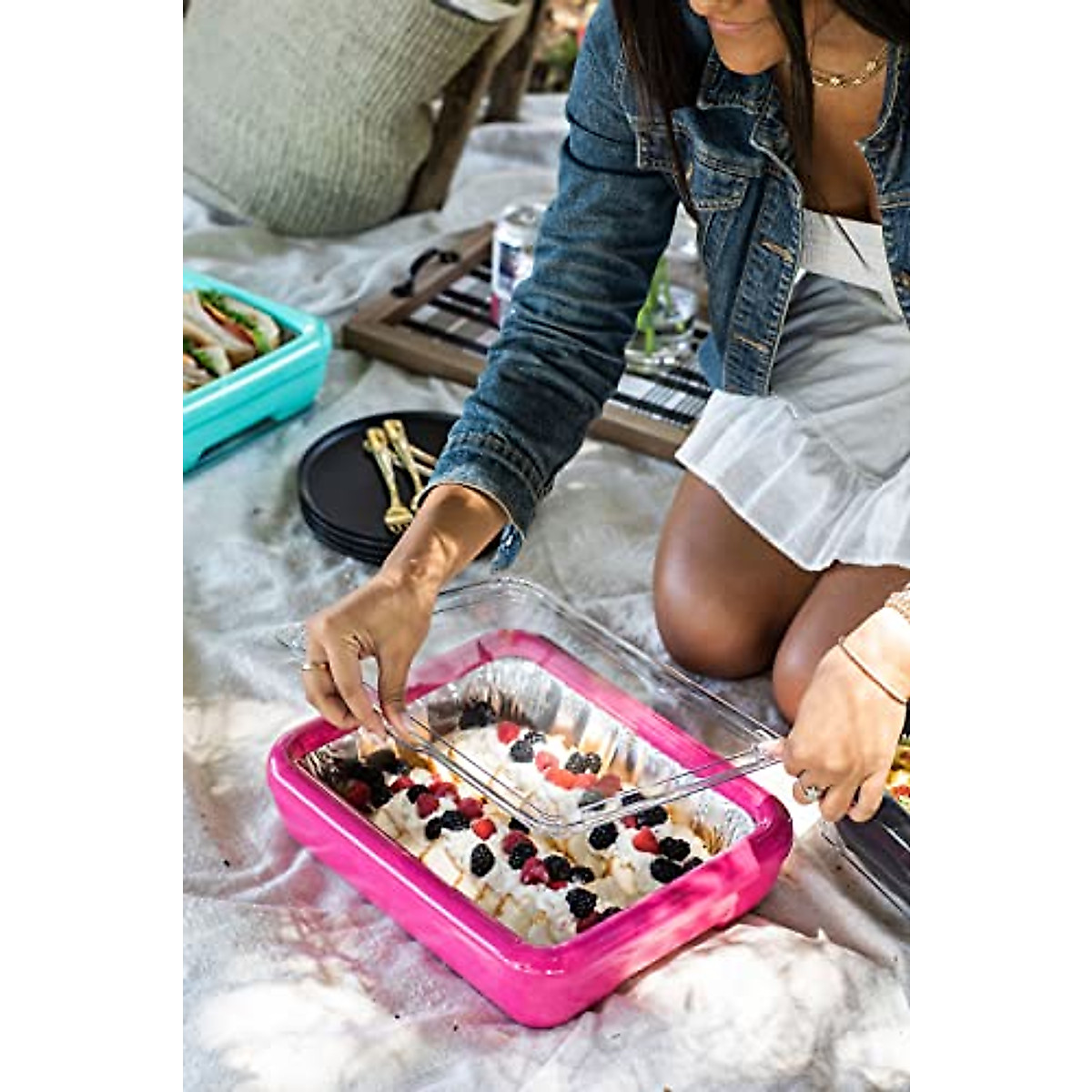 Fancy Panz Classic, Dress Up & Protect Your Foil Pan, Made in USA, Fits Half Size Foil Pans. Foil Pan & Serving Spoon Included. Hot or Cold Food. Stackable for easy travel. (Hot Pink)