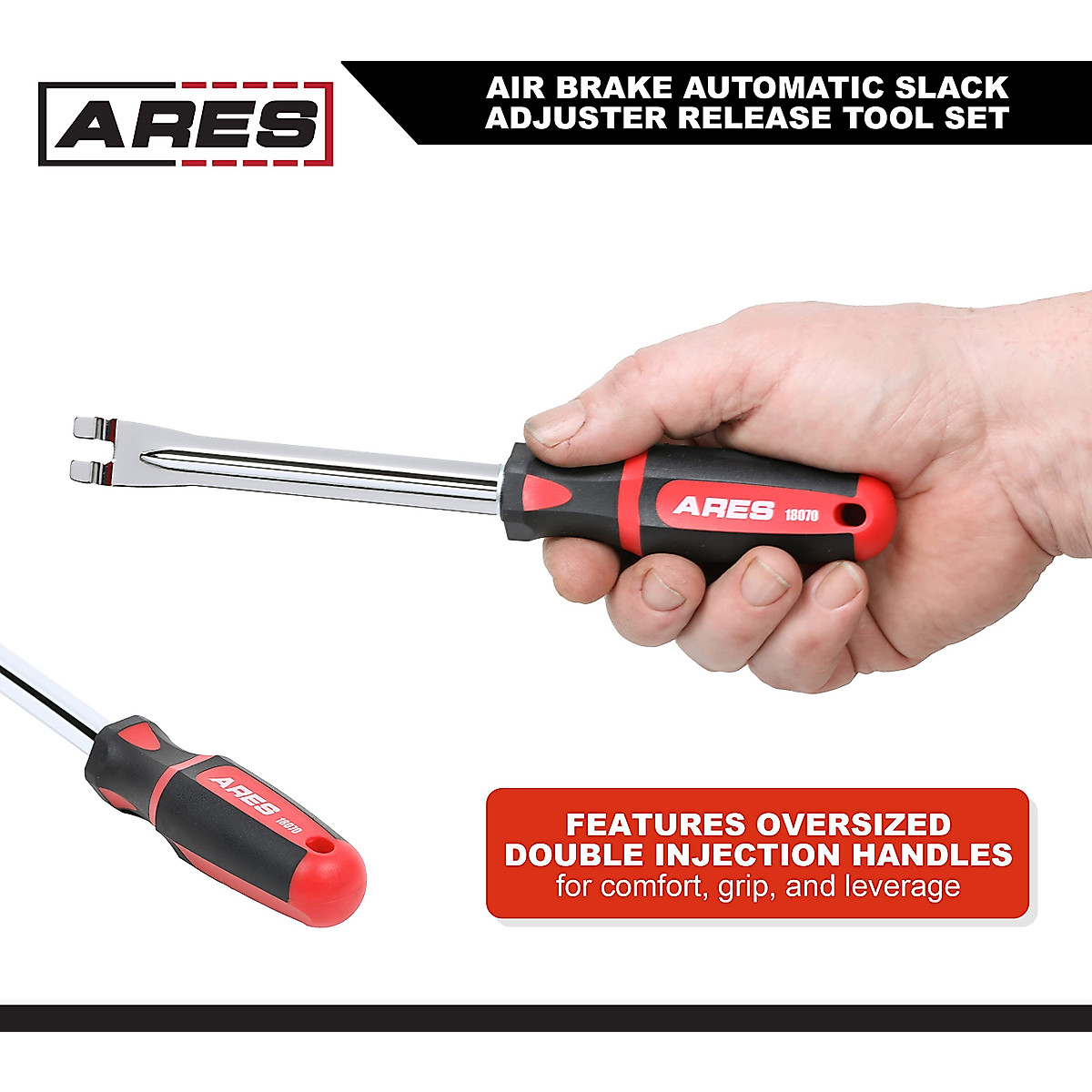 ARES 18070 – 2-Piece Automatic Slack Adjuster Release Tool and Wrench – Fork End Release Tool and Double Square Ratcheting Wrench for Air Brake System Adjustments – Carbon Steel Construction