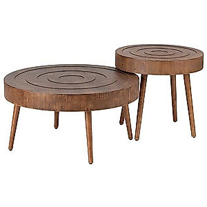 COSIEST 2 Piece Round Coffee Table Set, Modern Nesting Table with Handcrafted Wood Ring Motif, Farmhouse Wood End Table for Living Room