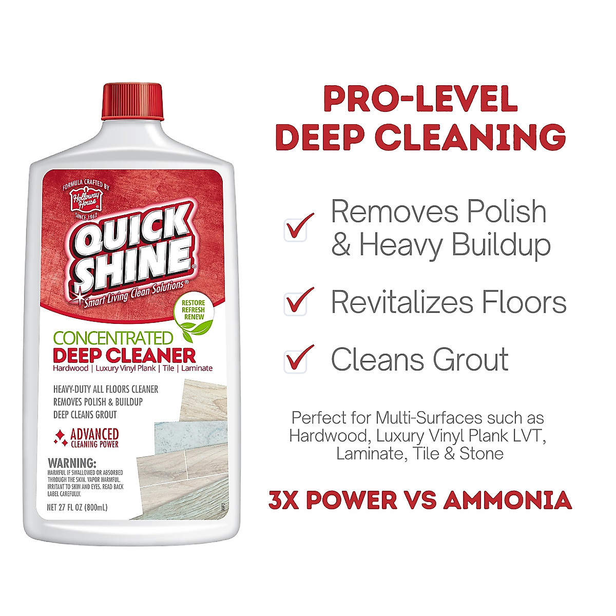 Quick Shine Multi Surface Deep Floor Cleaner and Wax Remover 27Fl oz,(Pack of 2) Removes Wax Build-Up,Revitalizes Floors &Cleans Grout,Use on Hardwood, Laminate, LVT,Tile and Stone,Pro-Level Cleaning