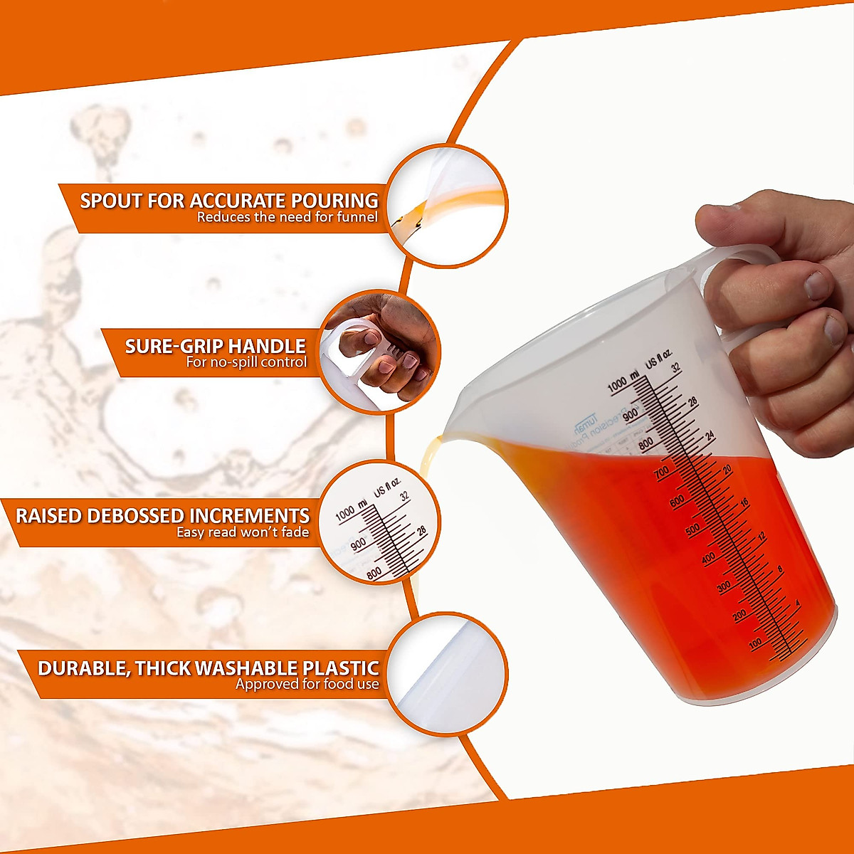 32oz (1 Quart) Measure Pitcher with Convenient Conversion Chart – Extra Strong Food Grade – Great for Cooking, Home Hobbies, Shop Oil and Fluids, Spa Chemicals with High Chemical Resistance by Turnah