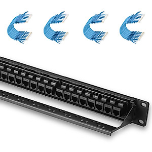 Rapink Patch Panel 24 Port Cat6 Bundle with Patch Cables Cat6 1ft 24 Pack blue