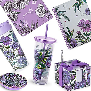 Vera Bradley Travel Tumbler with Lid and Straw, 24 Ounce Insulated Cup, Purple Floral Plastic Double Wall Tumbler, Lavender Meadow
