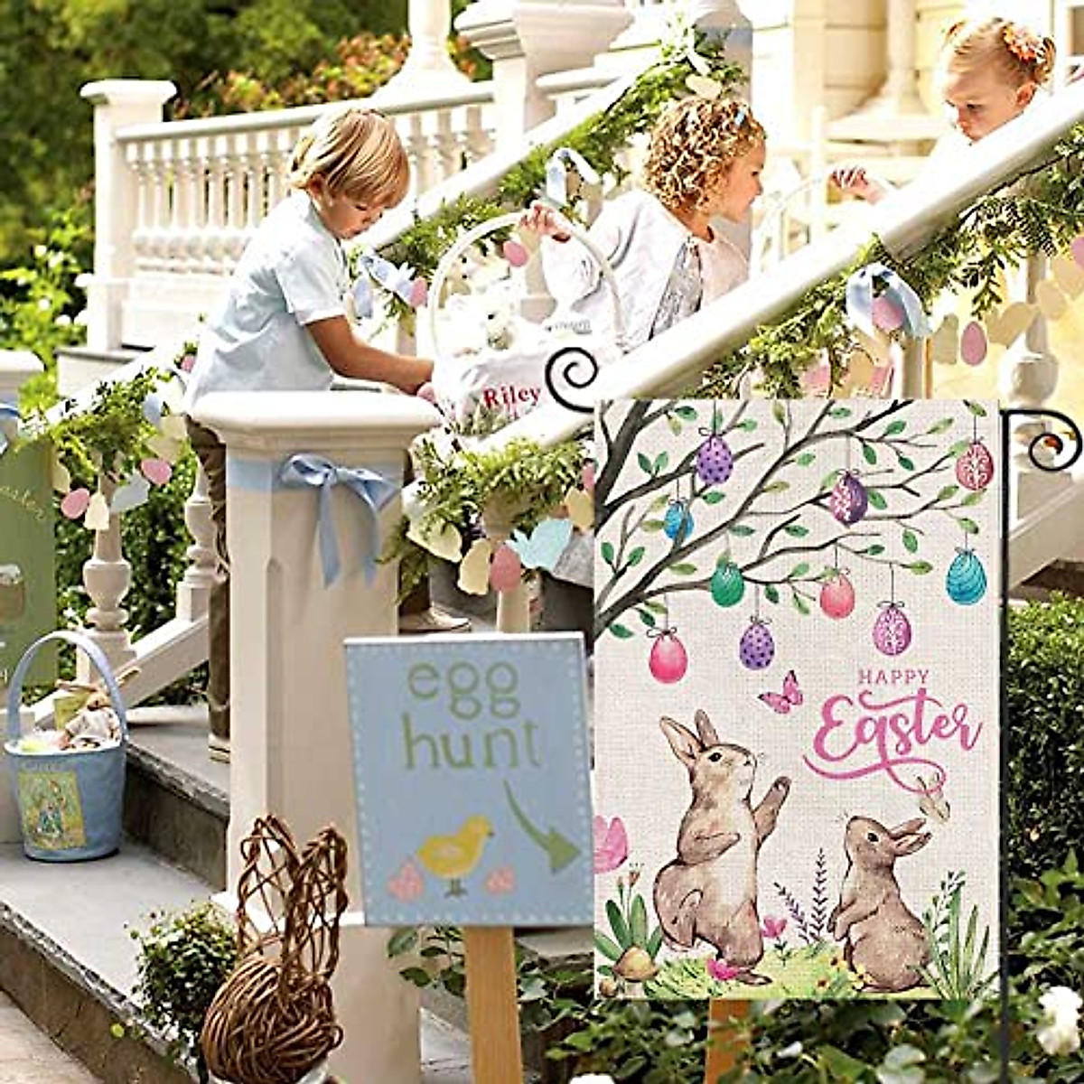 Happy Easter Bunny Garden Flag for Outdoor 12x18 Double Sided,Rabbit Egg Tree Small Yard Flag,Seasonal Decors for Spring Farmhouse Holiday Outside