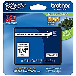 Genuine Brother 1/4" (6mm) Black on White TZe P-Touch Tape for Brother PT-D600, PTD600 Label Maker