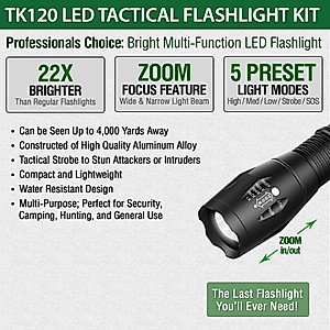 EcoGear FX Complete LED Tactical Flashlight Kit TK120 Flashlight with Rechargeable Battery: High Lumens with 5 Light Modes, Water Resistant, Adjustable Focus Zoom