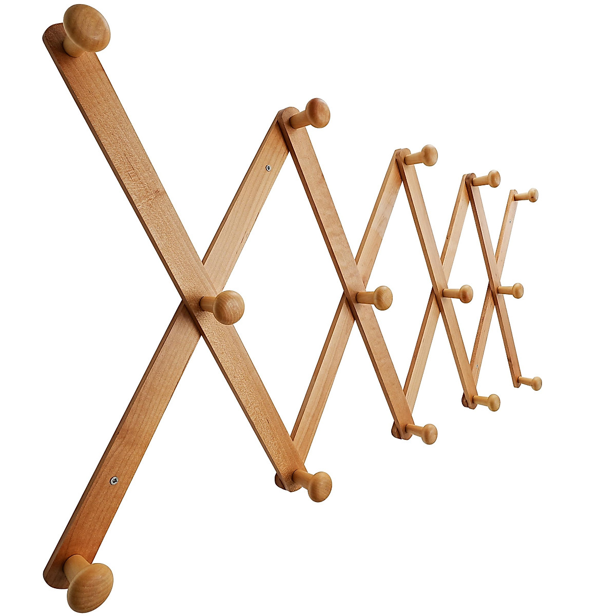 SKOLOO Wooden Wall Hat Rack, Large Accordion Wall Hanger, Modern, Expandable Hat Hooks for Wall, Versatile Hat, Bag, Scarf, and Coat Rack for Home, Office, and Studio, 14 Peg, Natural