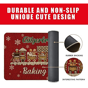 GAGEC Christmas Kitchen Rug Gingerbread Family Red Kitchen Mat Set of 2 Merry Christmas Winter Farmhouse Party Floor Mat for Home Kitchen Bathroom Decorations - 17x27 and 17x47 Inch