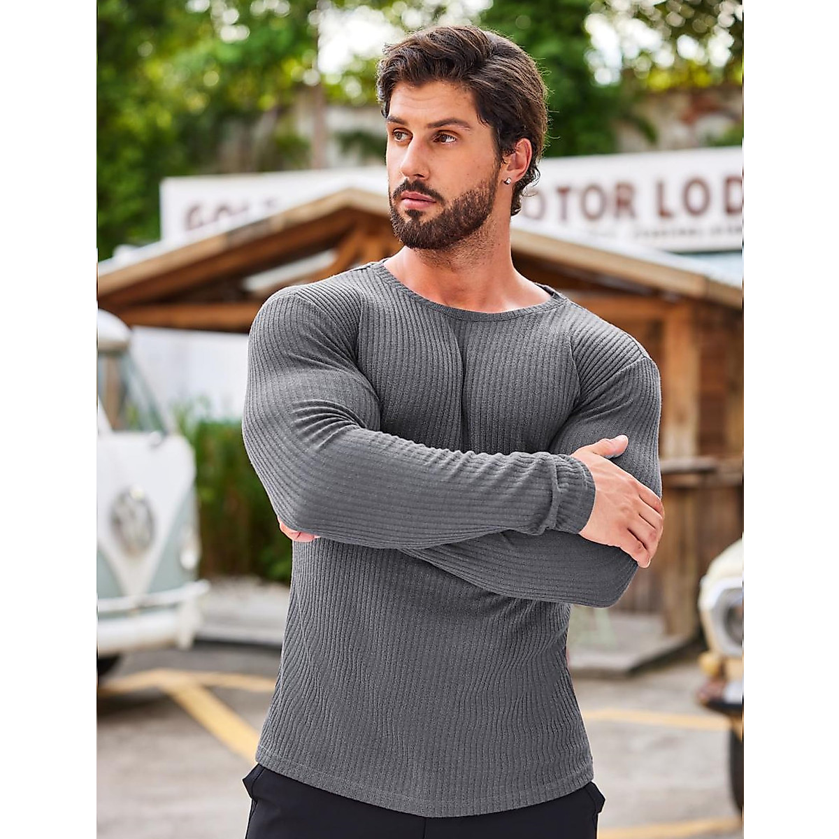 COOFANDY Men's 2 Pack Gym Muscle Shirt Long Sleeve Stretch Ribbed Workout Tee Bodybuilding Hiking Running Training Fitness Tops (Wine Red/Dark Grey, XL)