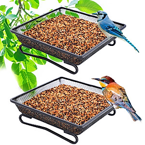 FEED GARDEN 2 Pack Platform Ground Bird Feeder Tray, Metal Mesh Seed Tray for Feeding Birds, Garden Decoration for Wild Birds and Squirrels, Size 7 x 7 x 2.2 Inches