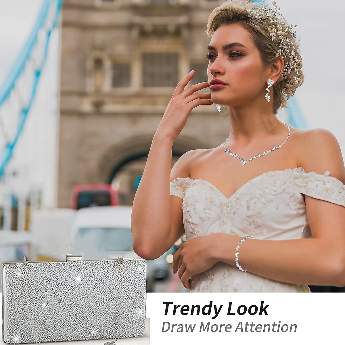 stablerice 4 Pieces Silver Clutch Purses Bag for Women Evening Rhinestone Jewelry Set Bling Necklace Earrings Bracelets Set for Wedding (Stylish Style)