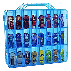 Bins & Things Hot wheels Display case and toy car storage organizer, Double sided 48 - Multi Compartment Plastic Car Toy Organizer Compatible with Lego, LOL Surprise Matchbox cars storage case - Blue