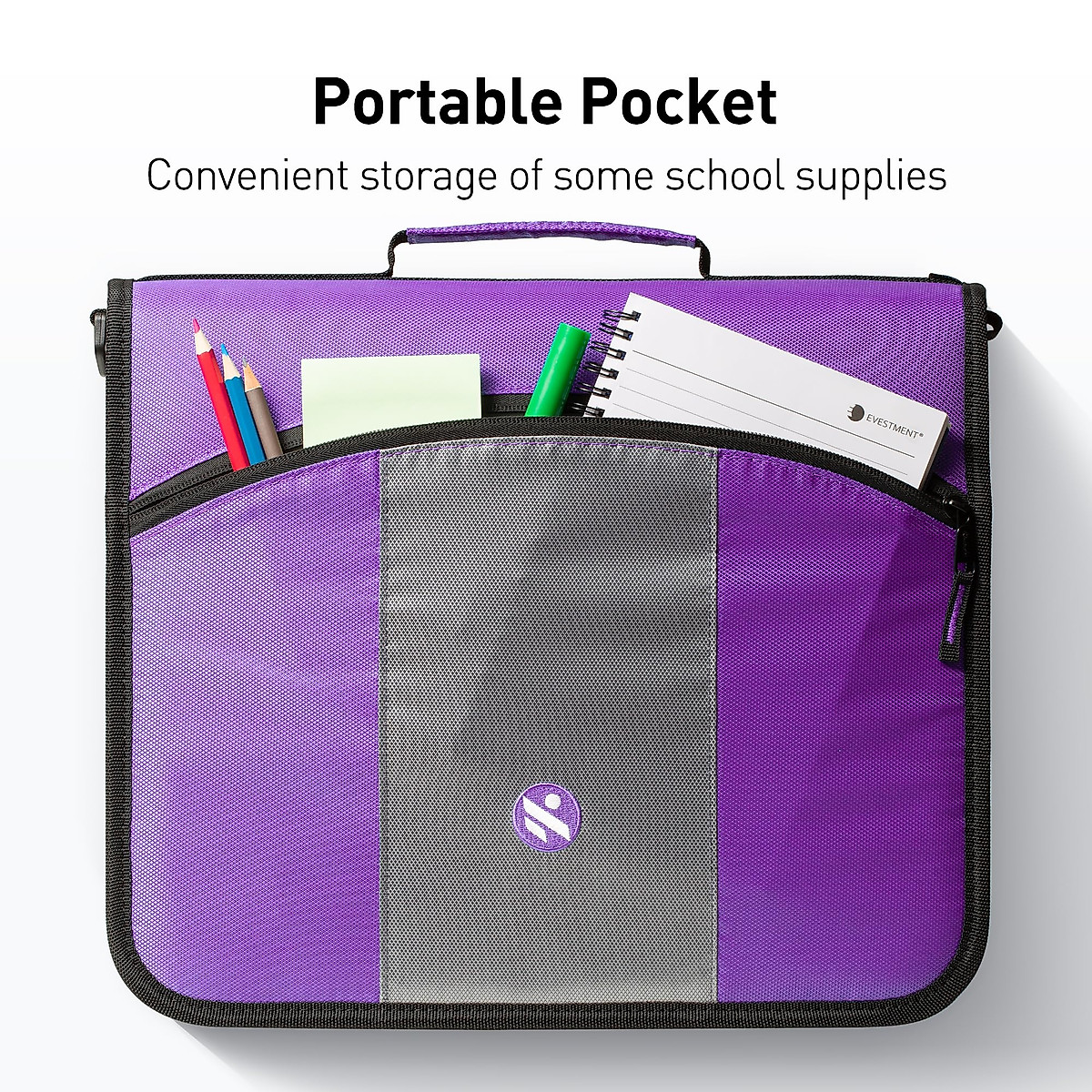 Kinbashi 3-Inch Zipper Binder, Round Ring Binder with Expanding Files, Handle and Shoulder Strap, Violet