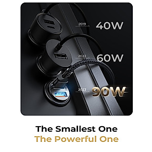 LISEN 90W iPhone 15 Car Charger, 45WPD+QC3.0 Fast Charging Cigarette Lighter USB Charger with 2-IN-1 Type C/Lightning Coiled Cable 5FT, Certified USB C Car Charger for iPhone 15 Pro Max 14/Samsung S23