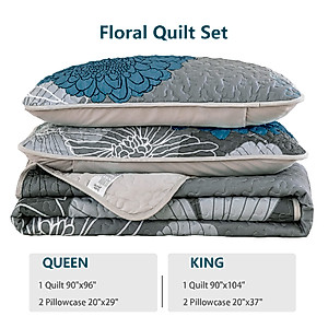 Floral Quilt Set Queen Blue Boho Bedspread 3 Pieces Soft Lightweight Coverlet with 2 Pillow Shams for All Season 96"x90"