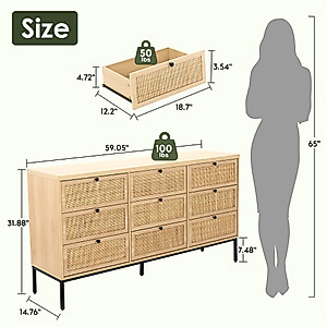 Yechen Natural Rattan 9 Drawer Dresser, 59" Wide Light Wood Chest of Drawers, Large Boho Oak Dressers with Smooth Metal Slides, Mid-century Dresser TV Stand Drawer Organizer for Bedroom Nursery Closet