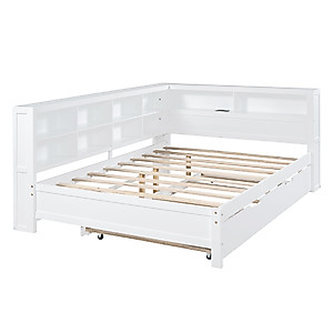DEINPPA Full Size Platform Bed with L-Shaped Bookcase and Trundle, Wooden Captain Bed Frame with Bookcase Headboard for Kids Teens Boys Girls, No Box Spring Needed-White