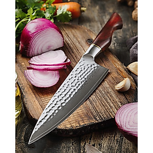 HEZHEN 8.3 Inches Damascus Chef Knife, Damascus Steel Powder Steel Kitchen KnifeHammered Pattern,Natural Rosewood Handle