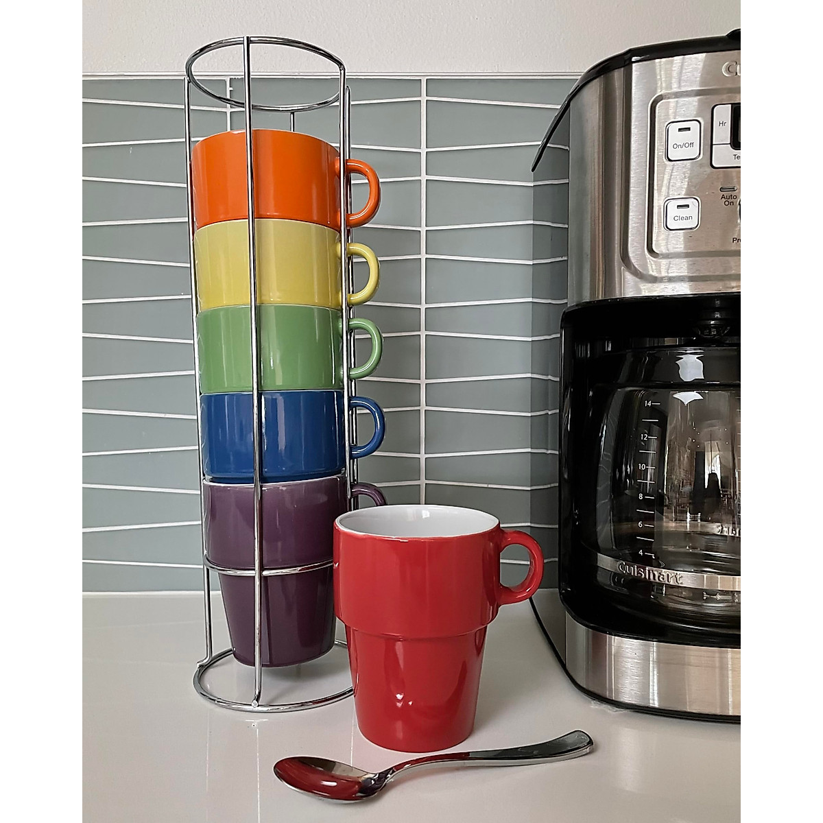 gypsy color The Original Brink House 12 OZ. Cappuccino Stacking Coffee Mug Set with Metal Stand, Multi-Colored Hand-Glazed Ceramic Stoneware