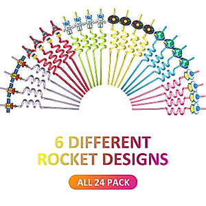 Outer Space Straws Party Favors for Theme Birthday Party Supplies with 2 Cleaning Brush | Solar System Rocket Spaceship Astronaut Satellite Planet Attachments (24+2)