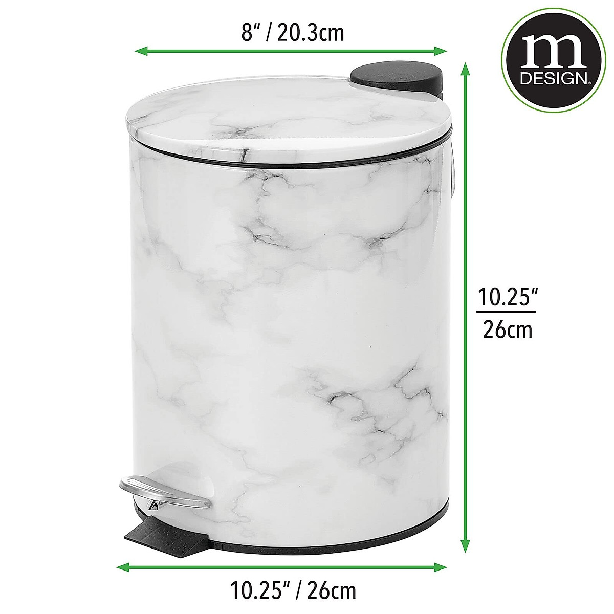 mDesign Metal 1.3 Gallon/5 Liter Round Step Trash Wastebasket, Garbage Container Bin with Lid for Bathroom, Powder Room, Bedroom, Kitchen, Craft Room, Office - Removable Liner Bucket - White Marble