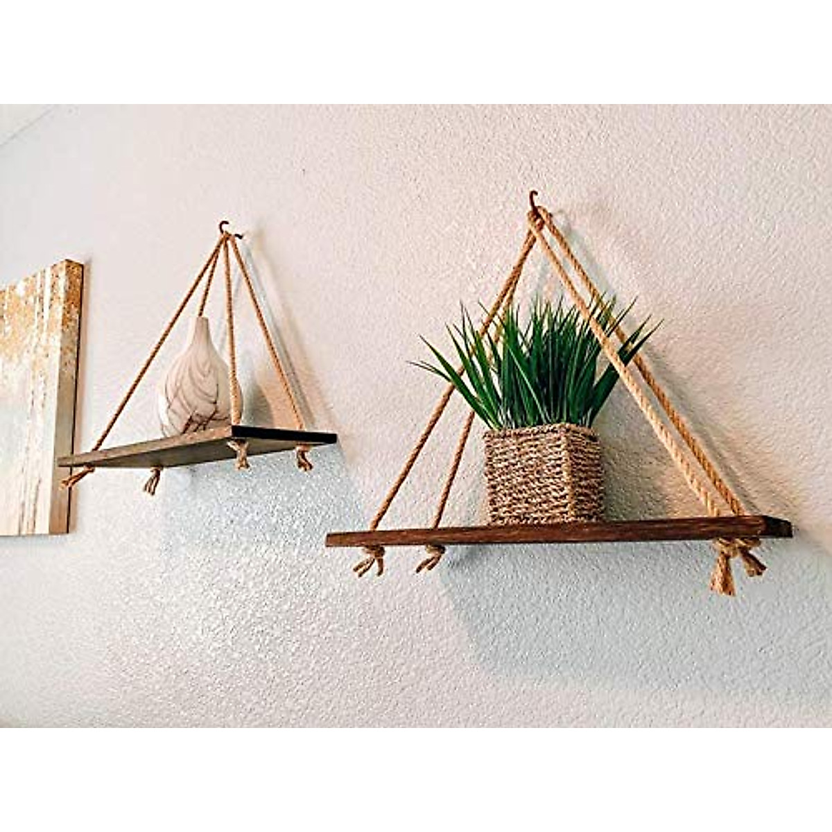 Mkono Hanging Shelves Boho Wall Decor Set of 2 Rustic Wood Floating Shelf with Rope Photo Plants Display Room Decor Aesthetic for Bedroom Bathroom Home Office College Dorm